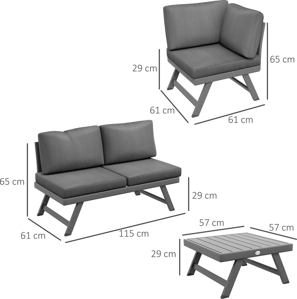 Zahradní rohový set Outsunny, skládající se z 4 kusů - 2 laviček, 1 rohového křesla a 1 konferenčního stolku, zahradní nábytek z hliníku a oceli na b…
