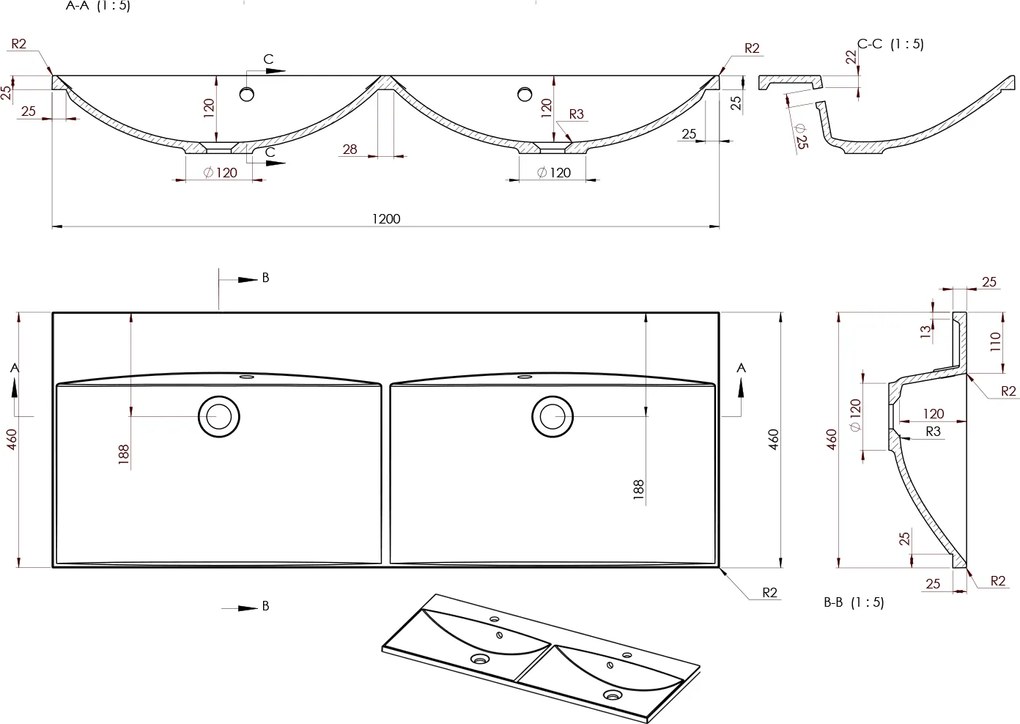 Sapho MARIA dvojumyvadlo 120 x 46 cm litý mramor bez otvoru bílá MA120-0