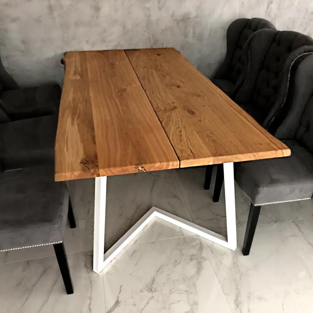 KULHÁNEK Moderní stůl s rustikální hranou a kovovou podnoží "V" Velikost desky: 160x80 cm, Odstín podnože: bílá - RAL 9010