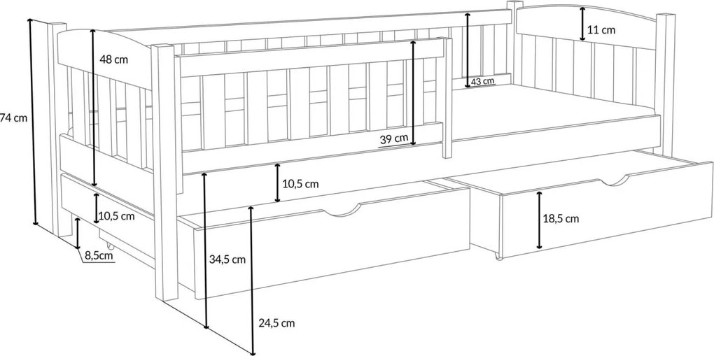 Dětská postel z masivu borovice BEN se šuplíky - 200x90 cm - KAŠMÍROVÁ