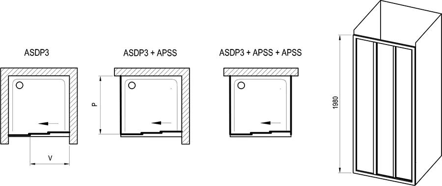 Ravak Sprchové dveře třídílné 110 cm černé,     ASDP3-110 198 BLACK+GRAPE   00VD03R2ZG Profil: Bílá, Sklo: Pearl ASDP3-110 198 PEARL