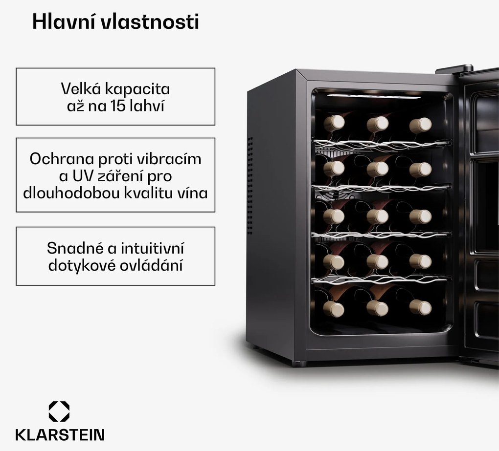 Klarstein Silent Vino 15 Uno, vinotéka, 39 l/15 lahví, 5-18 °C, dotykový displej