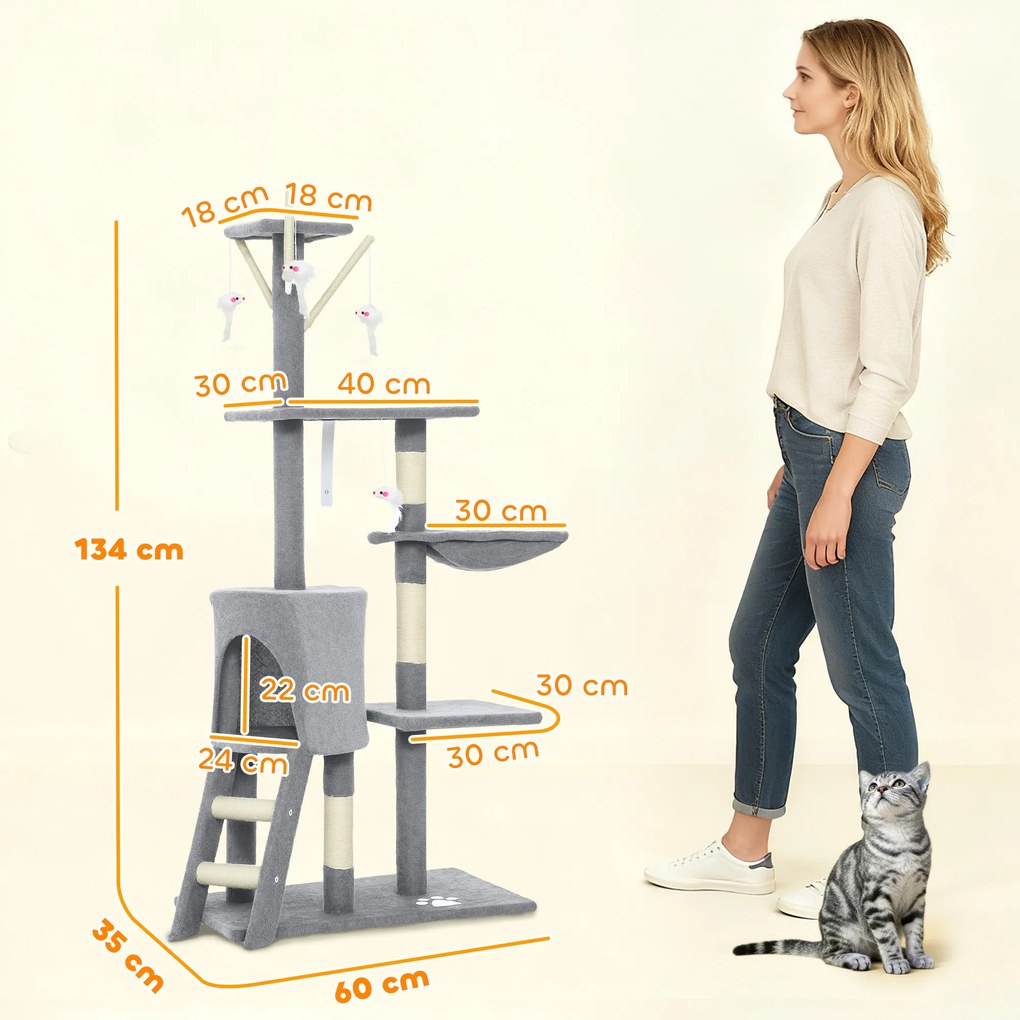PawHut Škrabadlo pro kočky s jeskyní, 4 hračkami, sisalové sloupky, velká plošina, schody, pro kočky pod 5 kg, šedá