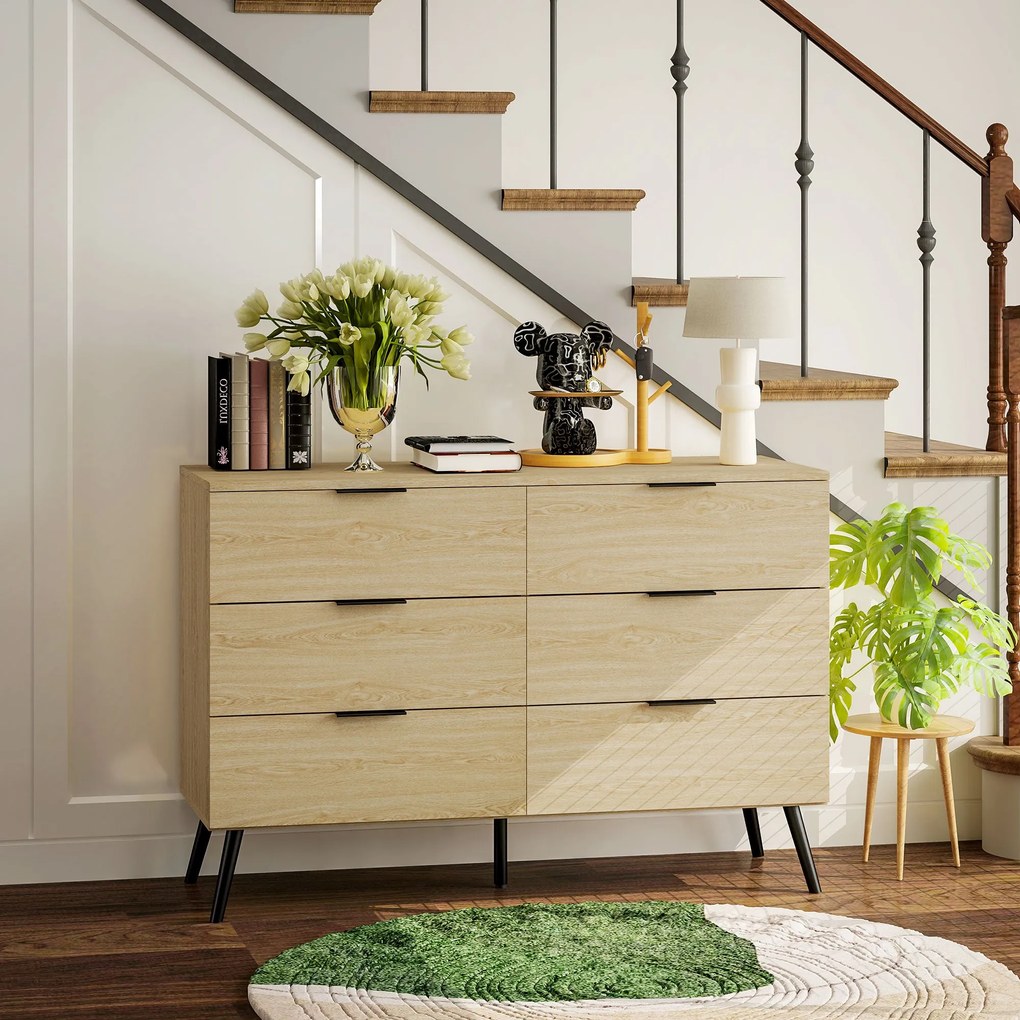 HOMCOM Komoda se 6 zásuvkami Moderní design s protišmykovým zajištěním 110Š x 40H x 75V cm Dřevěný vzhled