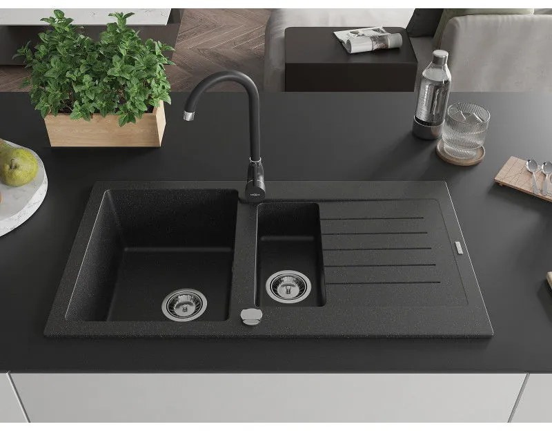 Mexen Matias, 1,5-komorový granitový dřez s odkapávačem 90x50 cm a kuchyňskou baterií Telma, černá se stříbrnými tečkami, 6502-73-670200-70