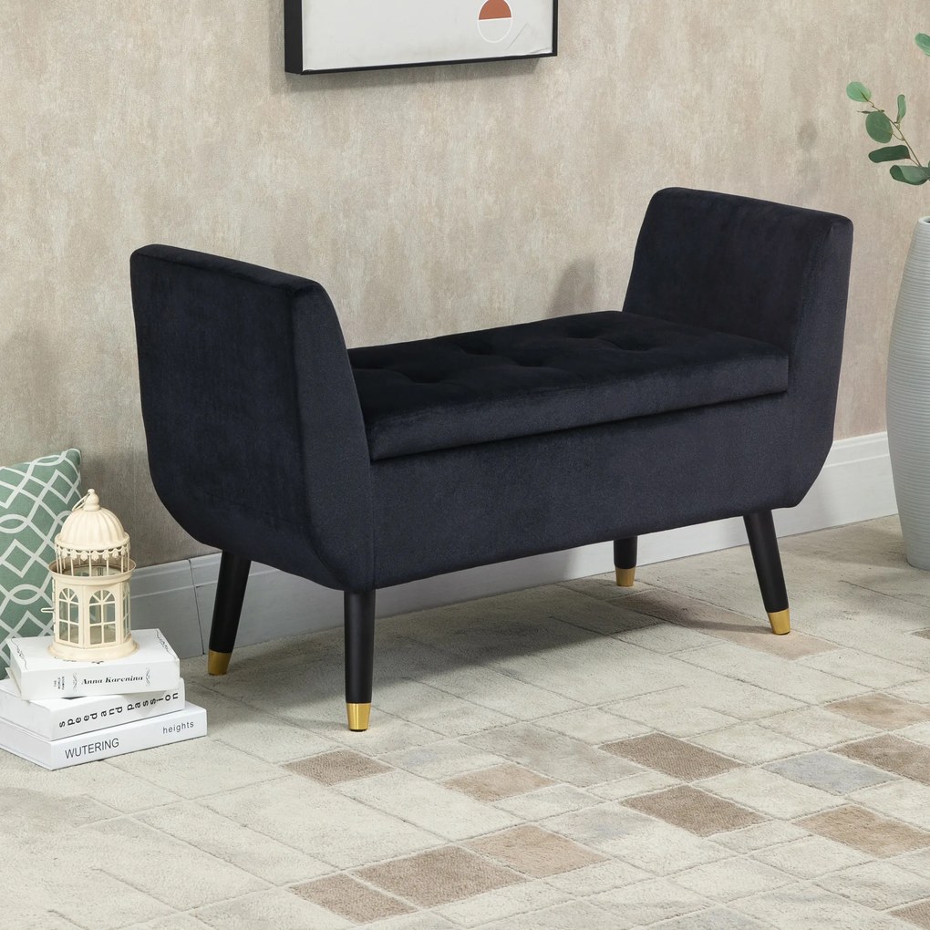 HOMCOM Luxusní čalouněná lavice s úložným prostorem a područkami, sametový polyester, kaučukové dřevo, černá, 107x42x65cm do obývacího pokoje a předs…