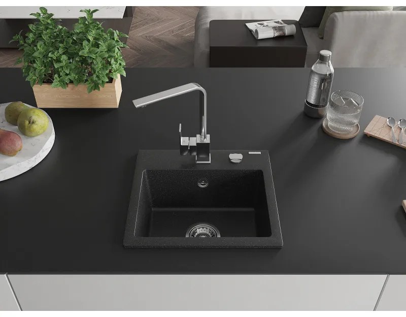 Mexen Milo, 1-komorový granitový dřez 435x410x171 mm a chromová baterie Rita, černá-stříbrná metalíza, 6505-73-670300-00