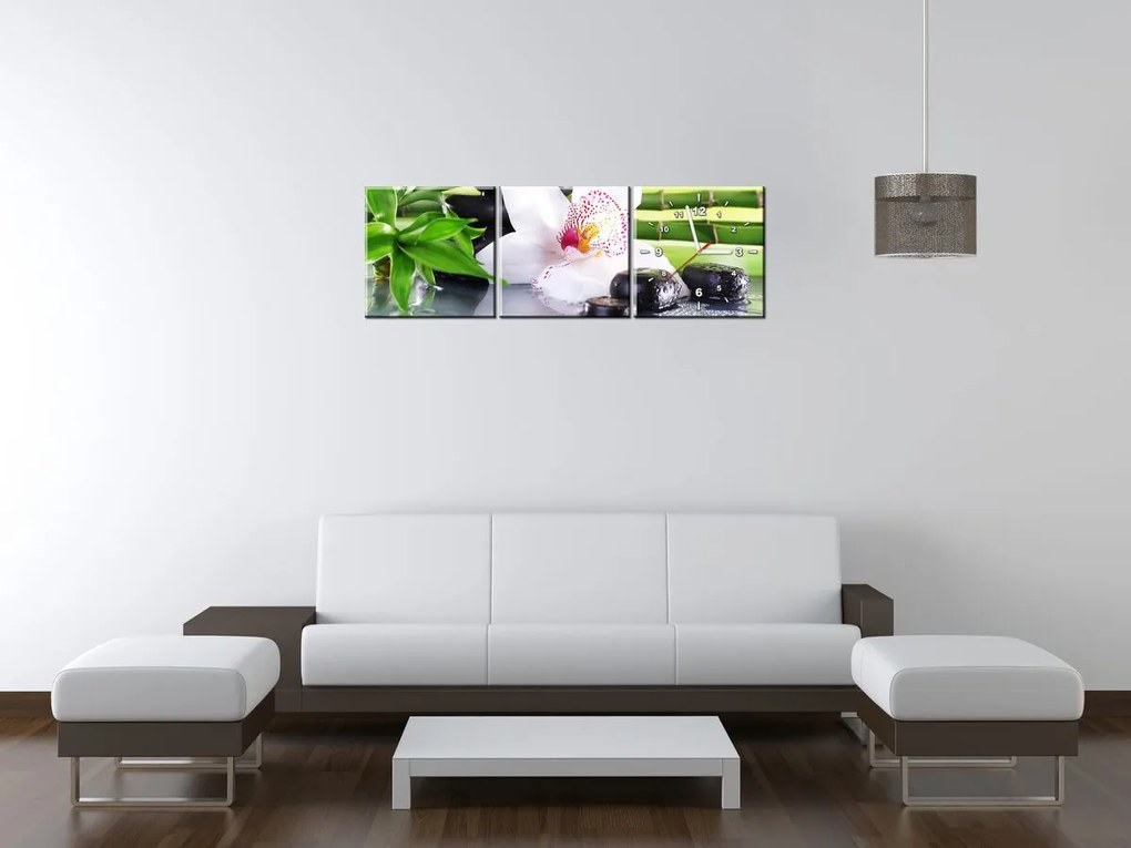 Gario Obraz s hodinami Bílá orchidej a kameny - 3 dílný Rozměry: 100 x 70 cm