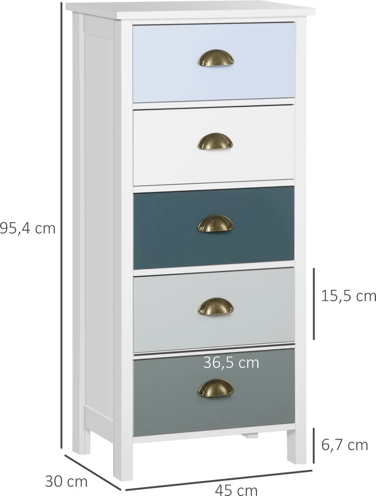 HOMCOM Vícebarevná komoda s 5 zásuvkami - úložný kabinet s kovovými úchytkami z MDF - rozměry 45D x 30Š x 95,4V cm