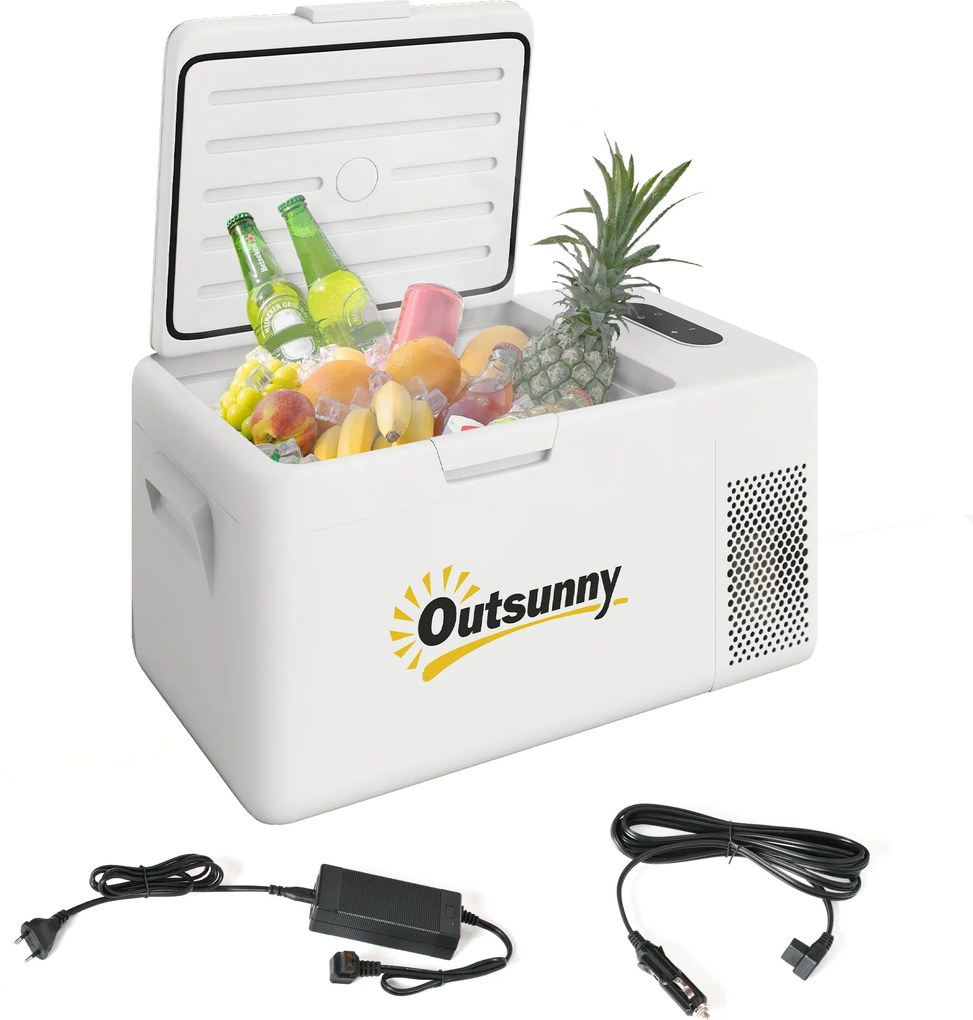 Outsunny Mini lednička s kompresorem 16,8 litrů -20℃ s LED ECO módem, tichý mrazící box pro auto, kamion, loď - Krémově bílá | Aosom