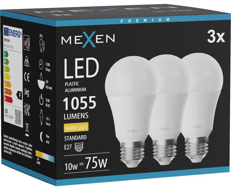 Mexen Nova 3x LED žárovka E27, A60, 10W, Teplá - 3000K, 1055 lm - L100-E27-1030-01x03