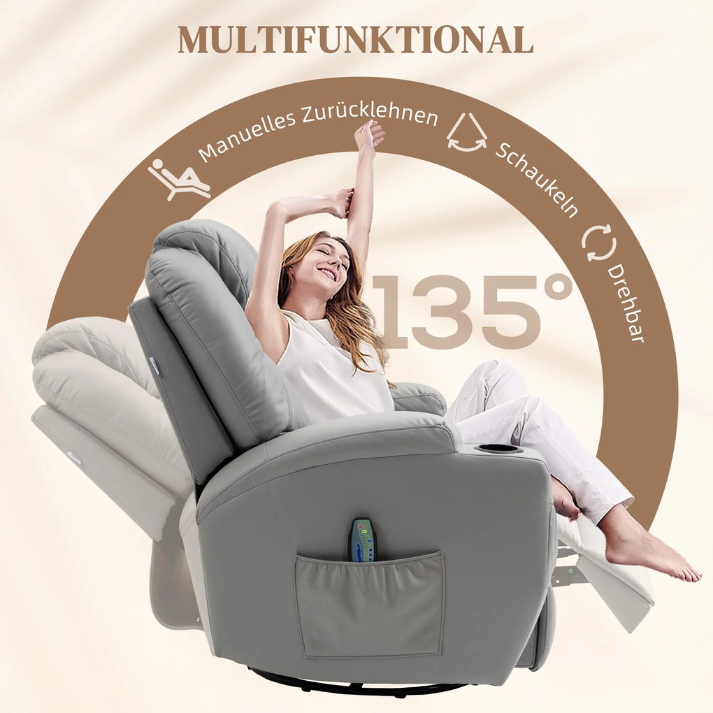 Masážní křeslo HOMCOM Relaxační křeslo s 8 vibračními body, 5 režimů, funkce polohování, nosnost 150 kg, imitace kůže, světle šedá