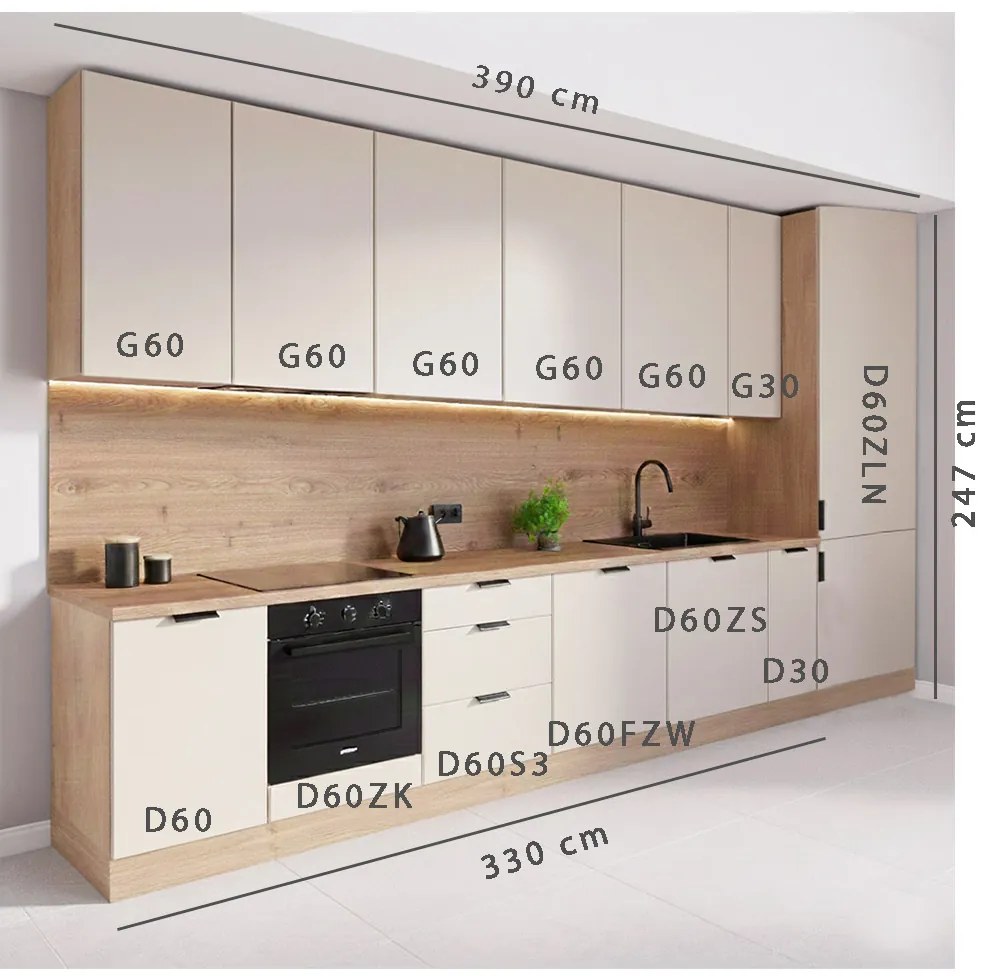 Kuchyňská linka SORENTO pz | 390 cm | se soklem | KVALITNÍ ZÁSUVKY | puccini/béžová