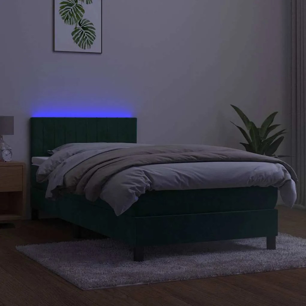 Box spring postel s matrací a LED tmavě zelená 90x200 cm samet 3134504
