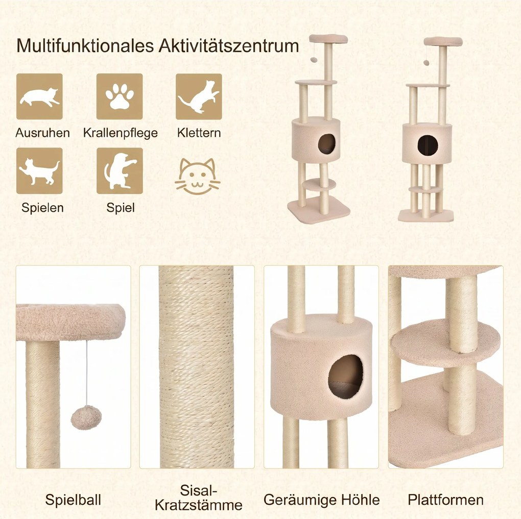 PawHut Kočičí škrabadlo Výška 148 cm Kočičí věž se sisalovými sloupky 3 platformy Dům a zavěšená kulička Béžová