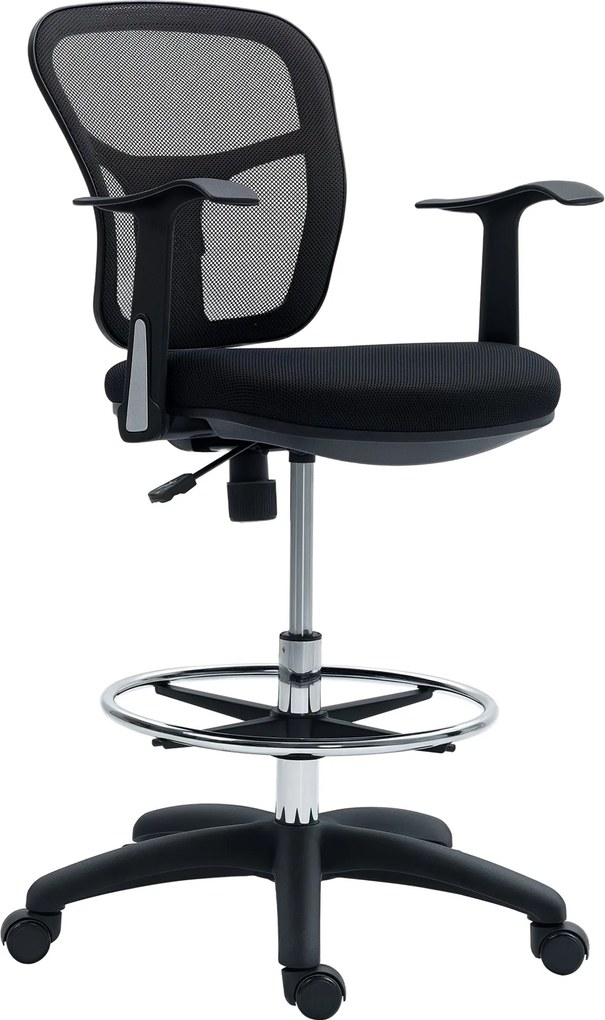 HOMCOM Otočná kancelářská židle s podnožkou a zakřiveným opěradlem, ergonomická židle z polyesteru, pěny a plastu, výškově nastavitelná, 55x58x94 cm,