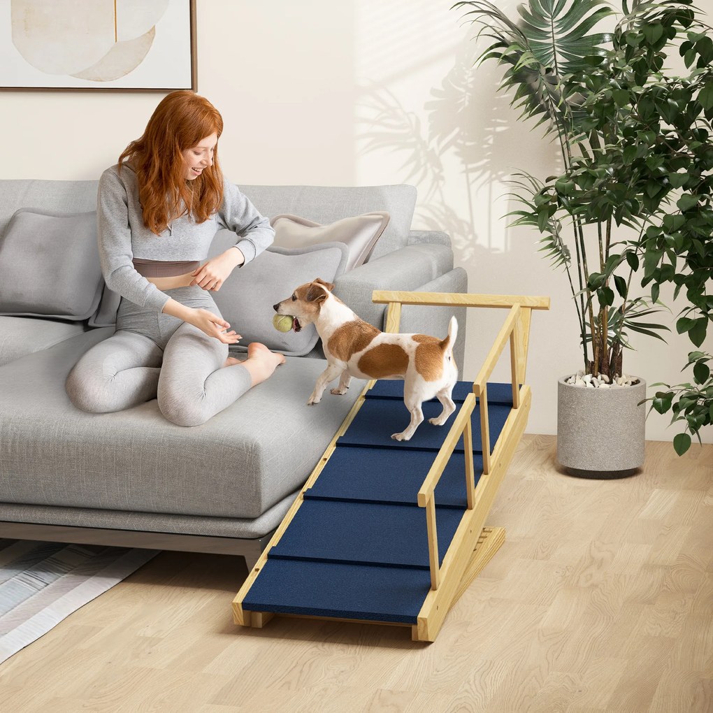 PawHut rampa pro psy Skládací rampa pro psy s odnímatelným zábradlím, protiskluzová, pomůcka pro psy do 40 kg, 85 x 40 x 78,5 cm, přírodní dřevo | Ao…