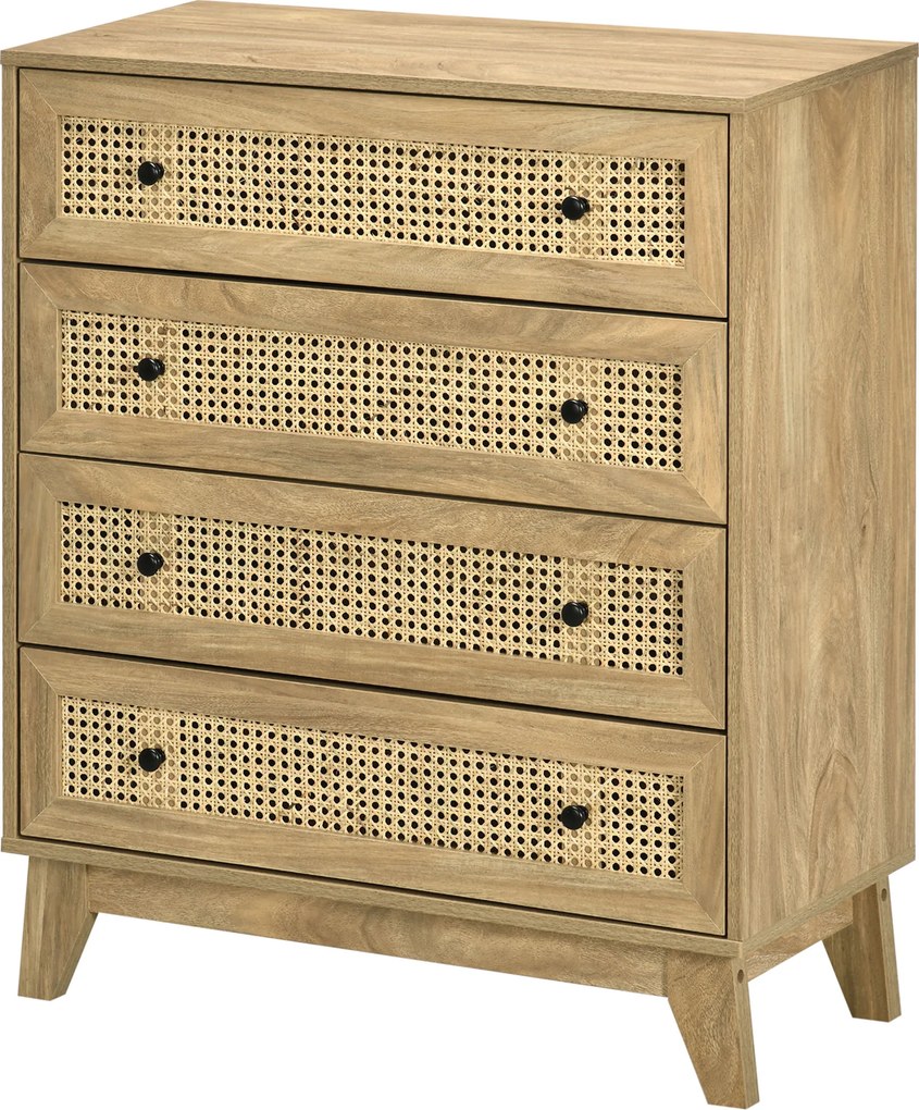 HOMCOM Komoda se 4 šuplíky s ratanovým ratanem 80 x 35 x 95 cm Světlé dřevěné provedení