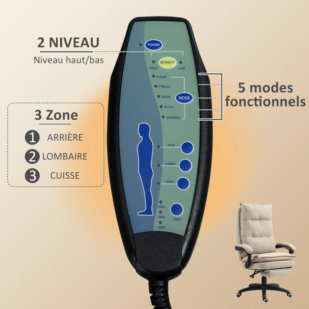 Masážní kancelářská židle Vinsetto, ergonomická židle s nastavitelnou výškou, sklápěcí opěradlo, vestavěný podnožník, ovládání pomocí kabelového ovla…
