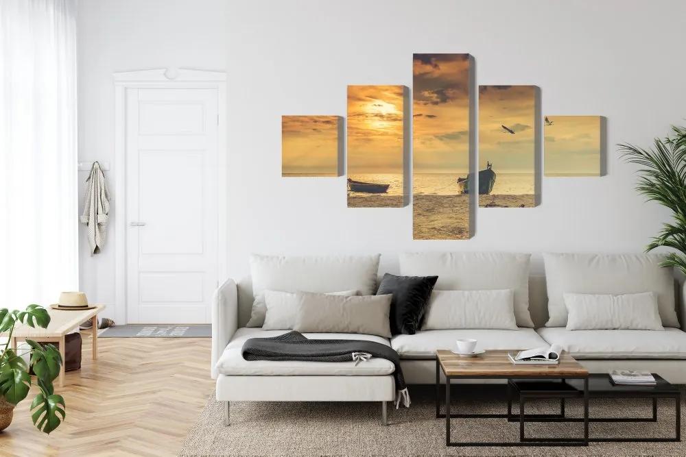 Vícedílný obraz Lodě Na Pláži Při Západu Slunce Nedostatek Nedostatek Plátno Canvas 150x90