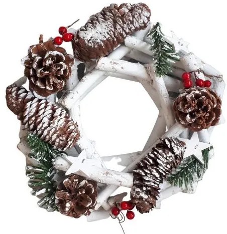 Bílý dřevěný vánoční věnec se šiškami - Ø 20*8 cm