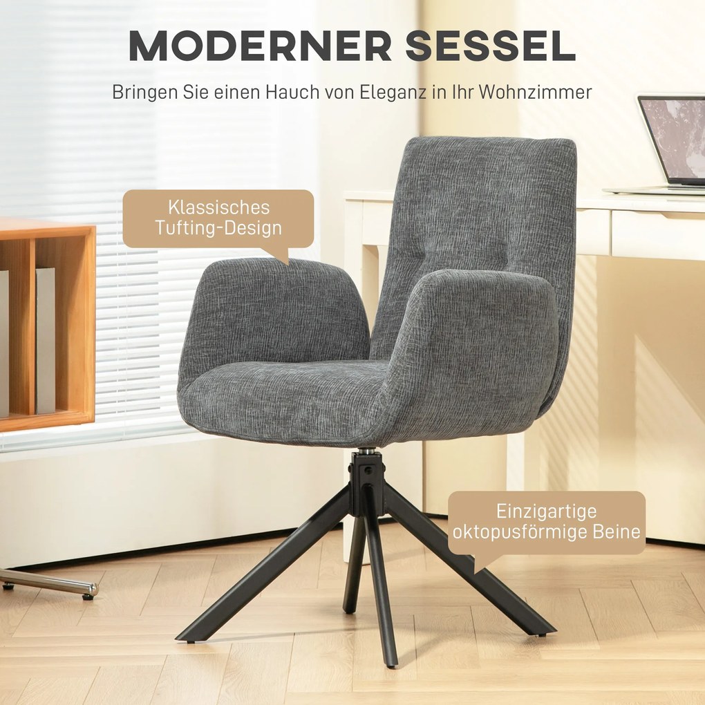 HOMCOM Křeslo otočné lounge křeslo s područkami, vzhled vlněného plátna, moderní čalouněné křeslo s prošíváním knoflíků, ocelové nohy, do obývacího p…