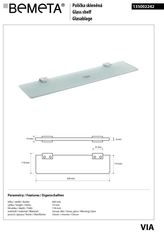 Bemeta Design VIA: Polička, 600 mm, sklo -