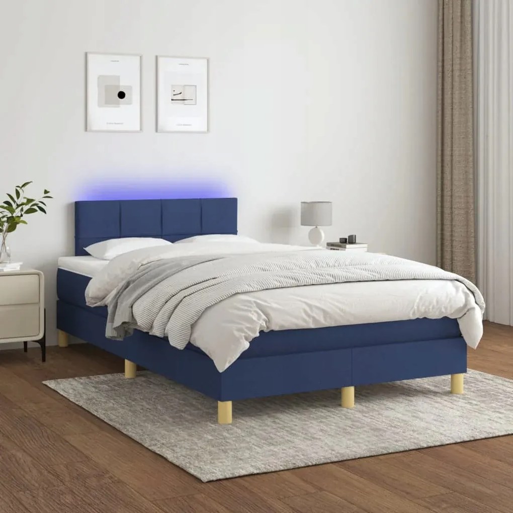 Box Spring Postel S Matrací A Led Textil Modrá Blok se čtverci 120 x 200