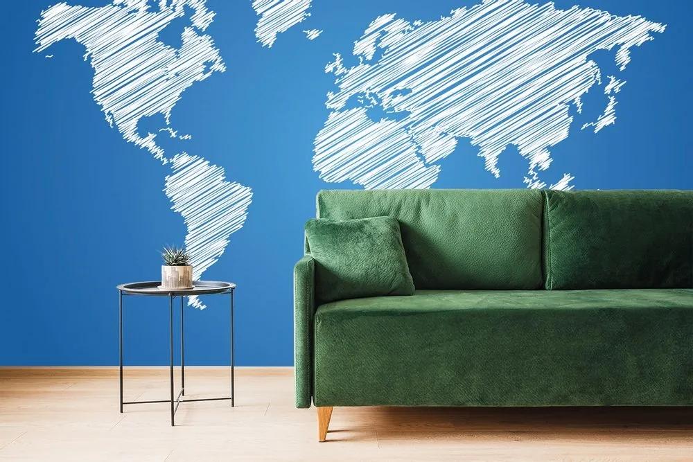 Samolepící tapeta šrafovaná mapa světa na modrém pozadí - 300x200 cm