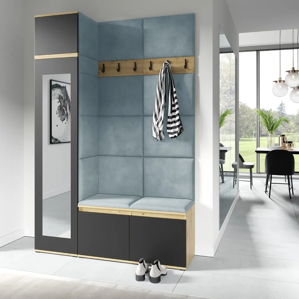 Eka Předsíňová stěna s čalouněnými panely Trinity 22 - Dub Artisan s černou / Světlá modrá 2322