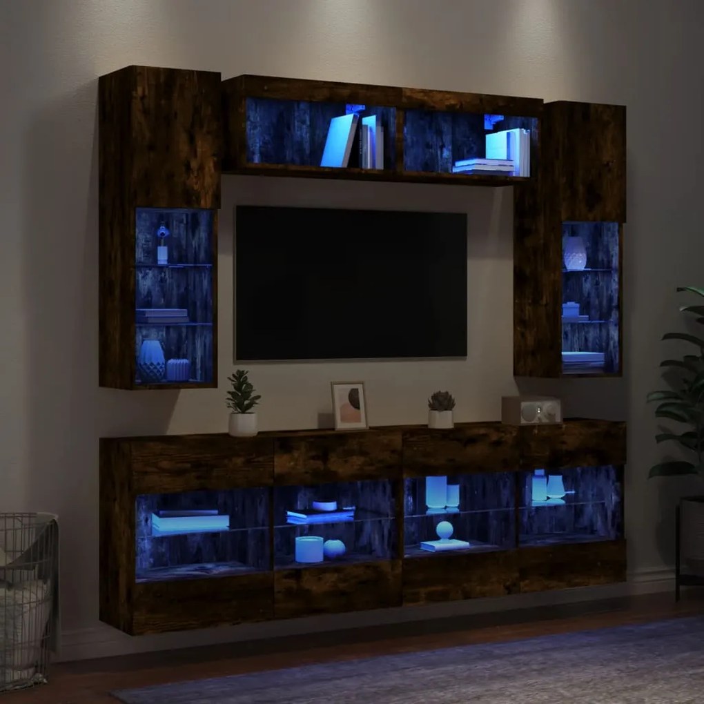 6dílná obývací stěna s LED osvětlením kouřový dub 3216801