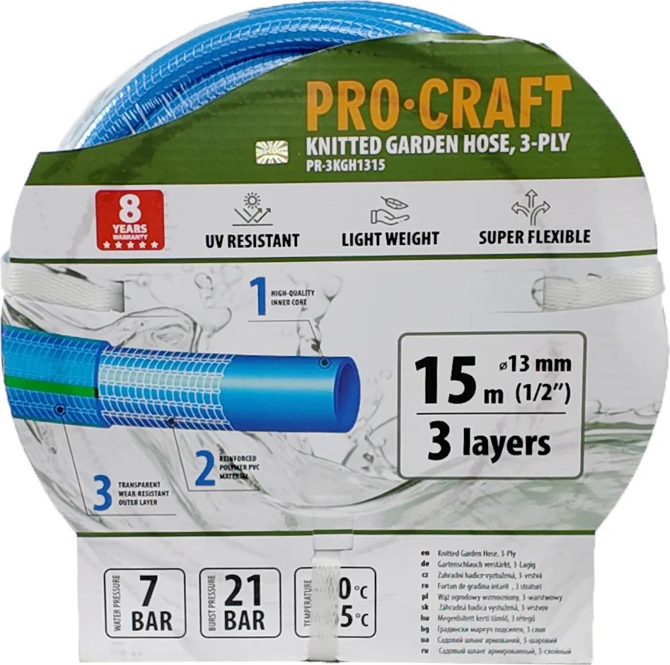 Procraft PR-3KGH1315 - modrá zahradní hadice, 3 vrstvy, 1/2", 15m