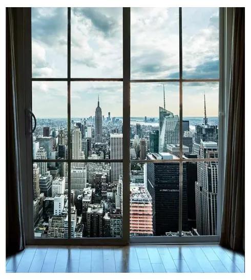 DIMEX | Vliesová fototapeta na zeď Pohled z okna na Manhattan MS-3-0009 | 225 x 250 cm | šedá, modrá, vícebarevná