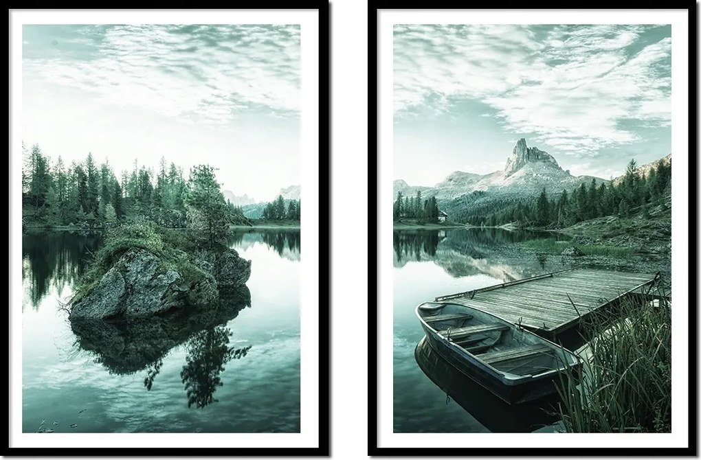 Obraz Plakáty V Rámu 53x73 cm Diptych Sada 2 obrazů Hory Jezero P2147