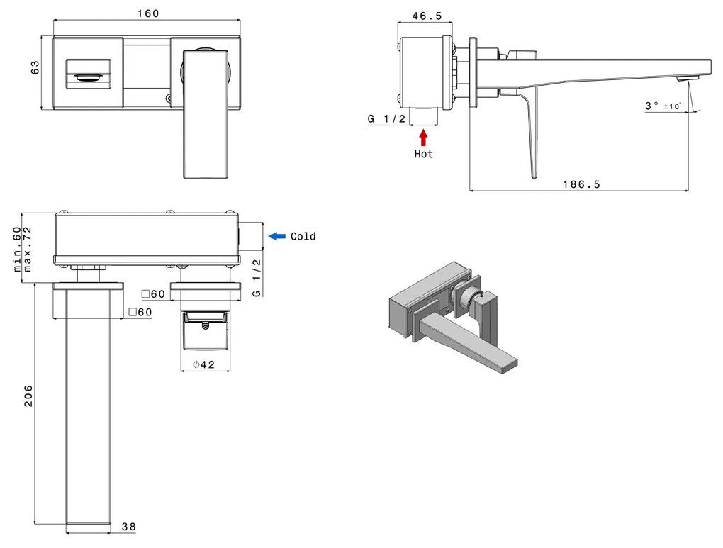 Sapho, DIMY podomítková dvouprvková umyvadlová baterie, černý, DM018BL