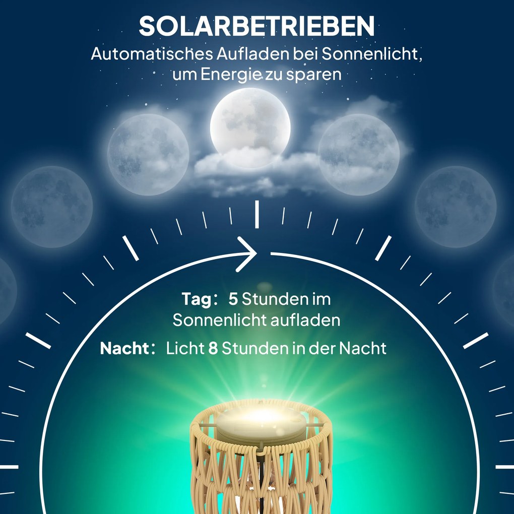 Outsunny Solární stojací lampa z ratanu, solární lampy s čidlem světla, 3 světla, solární svítilna v boho stylu, IP44, Ø37 x 144H cm