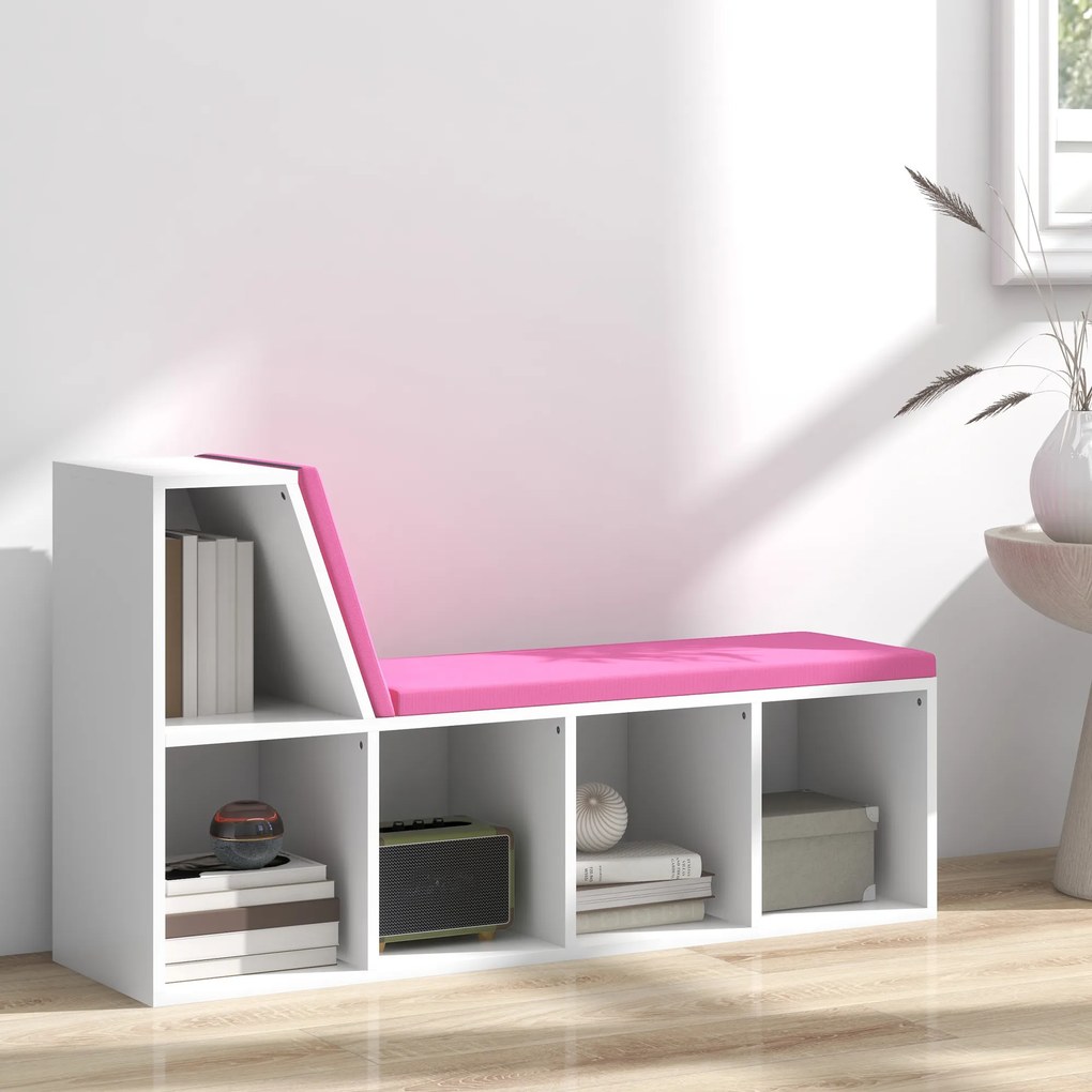 HOMCOM knihovní regál 2 v 1 s lavicí, 5 úložných přihrádek a 2 polštáři 108 x 30 x 60 cm bílá/růžová