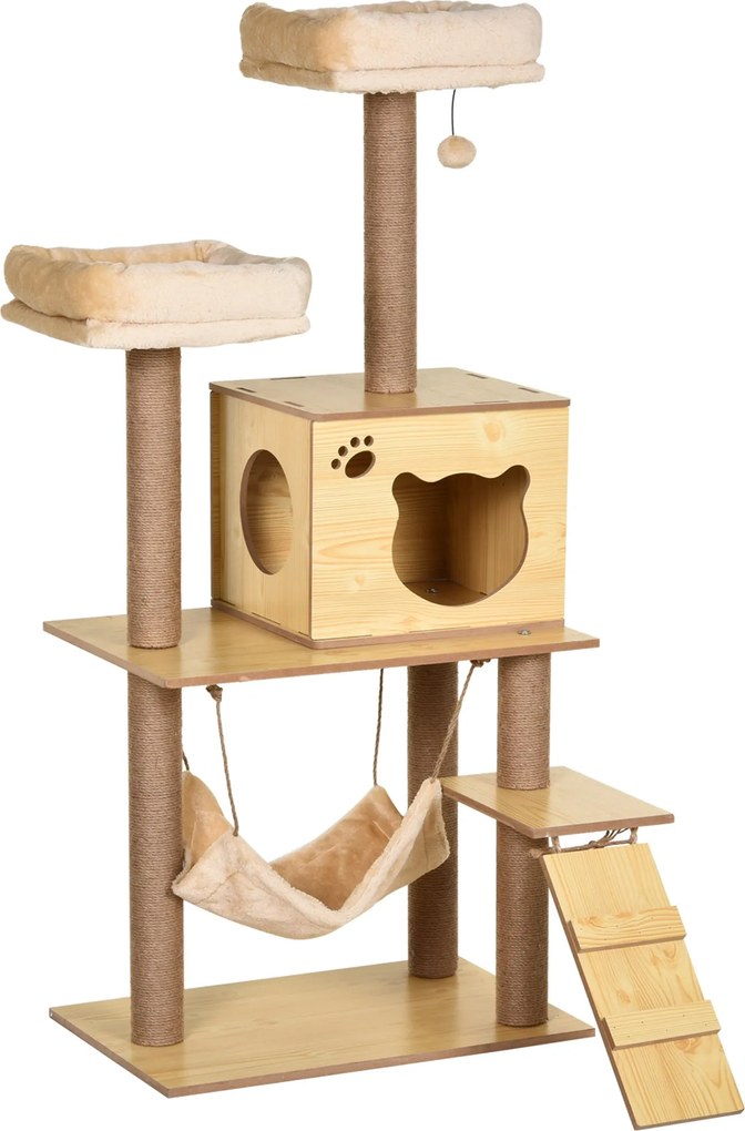 PawHut Kočičí Škrabadlo Výška 130 cm Kočičí Věž se Sisalovými Škrabacími Sloupky 2 Postele Houpací Síť Jeskyně Hračková Koule a Rampou 60x40x130 cm Př