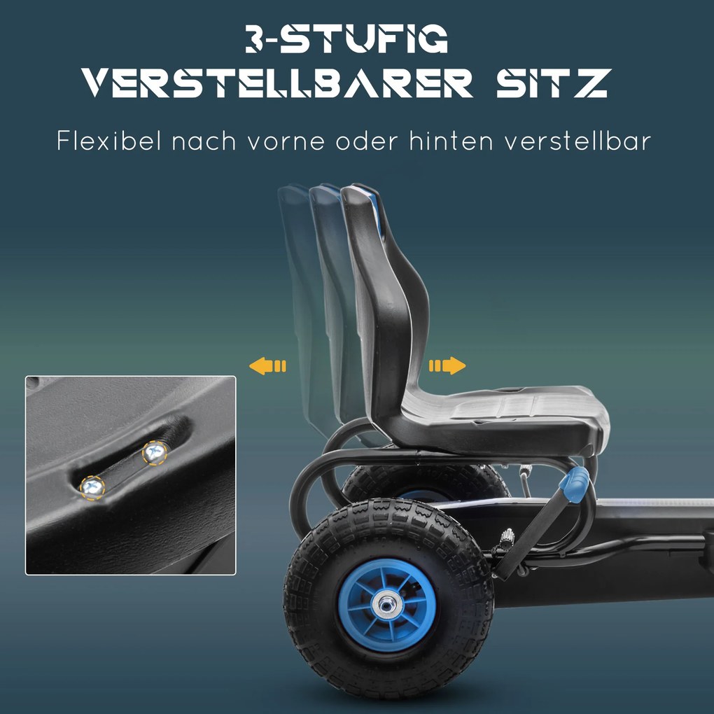 HOMCOM Dětská motokára modrá černá s nastavitelným sedadlem gumové pneumatiky pedál ruční brzda od 5 let pro venkovní zábavu