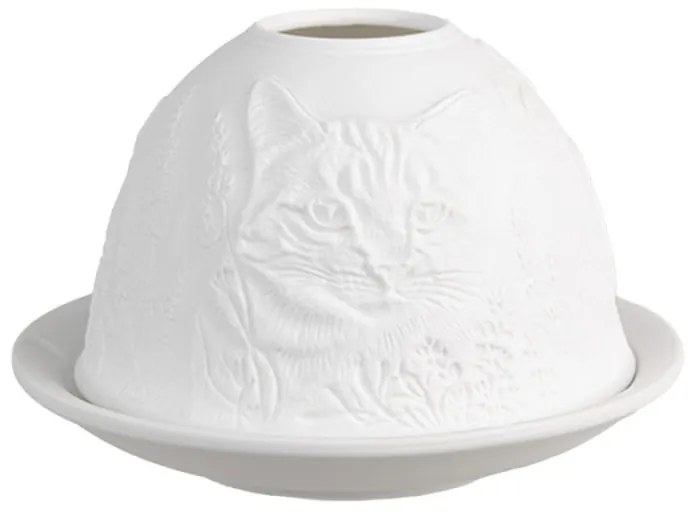 Bílý porcelánový svícen na čajovou svíčku kočka s květinami – 12x8 cm
