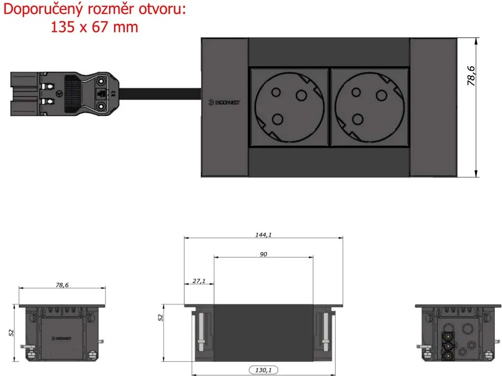 IBConnect Vestavná zásuvka INTRO černá - různé konfigurace Konfigurace elektrozásuvky: 6x230V + 2xModul
