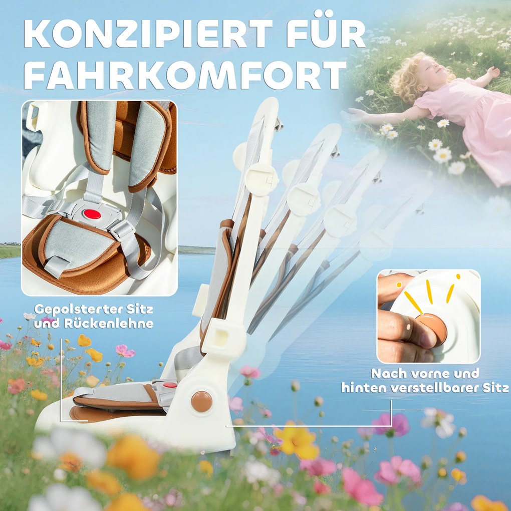 AIYAPLAY Dětská tříkolka, přeměnitelný dětský kočárek, design 5 v 1, odnímatelná rukojeť, nastavitelná, bezpečnostní pás, úložný vak, 1-3 roky, krémo…