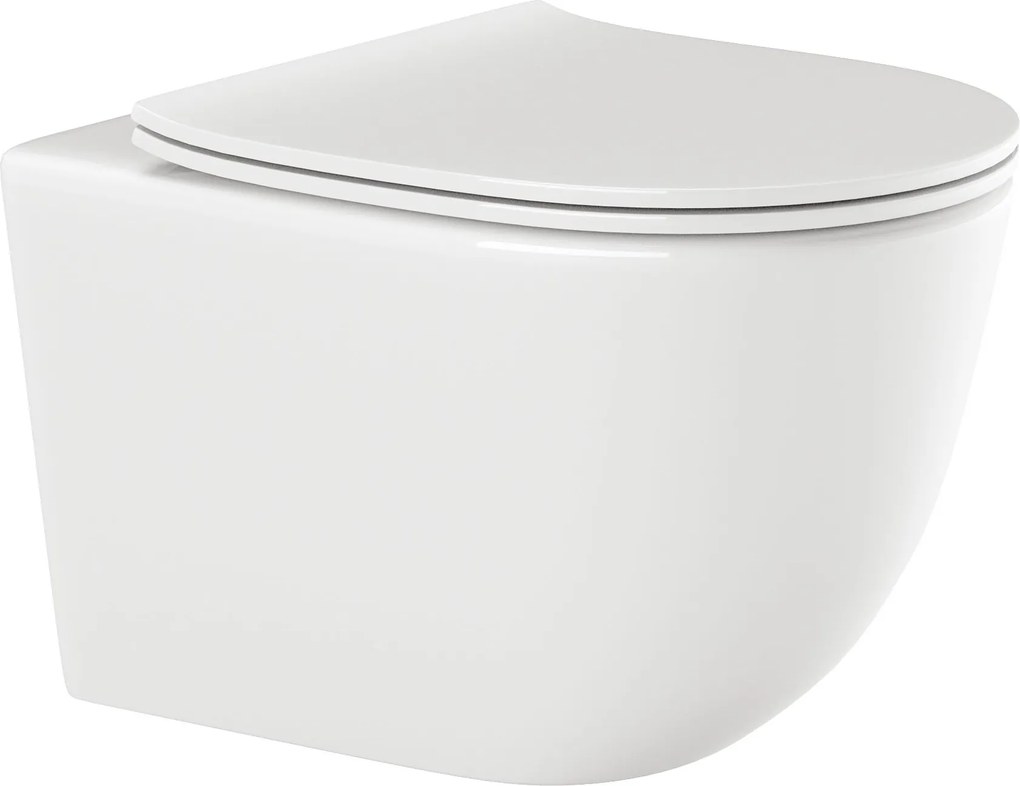 Invena Tinos, závěsná WC mísa Rimless 495x365x360 mm + SLIM toaletní sedátko s pomalým zavíráním, bílá lesklá, INV-CE-91-001-W