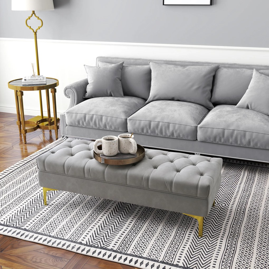 HOMCOM Lavice k posteli Lavice na boty se zvýšenými nohami ze sametu ve světle šedé barvě 118x45x42cm do ložnice a předsíně