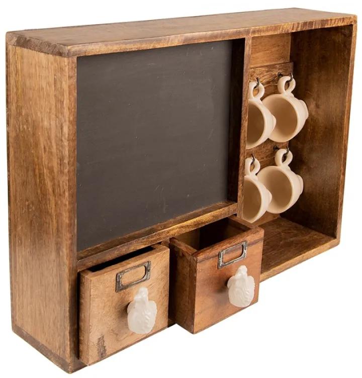 Dřevěná nástěnná skříňka s tabulkou, šuplíčky a hrnečky Chick Robinette – 45x10x30 cm