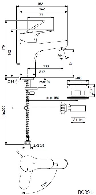 Ideal Standard Cerabase - Umyvadlová baterie s Blue Start s plastovou odtokovou garniturou, chrom BC831AA