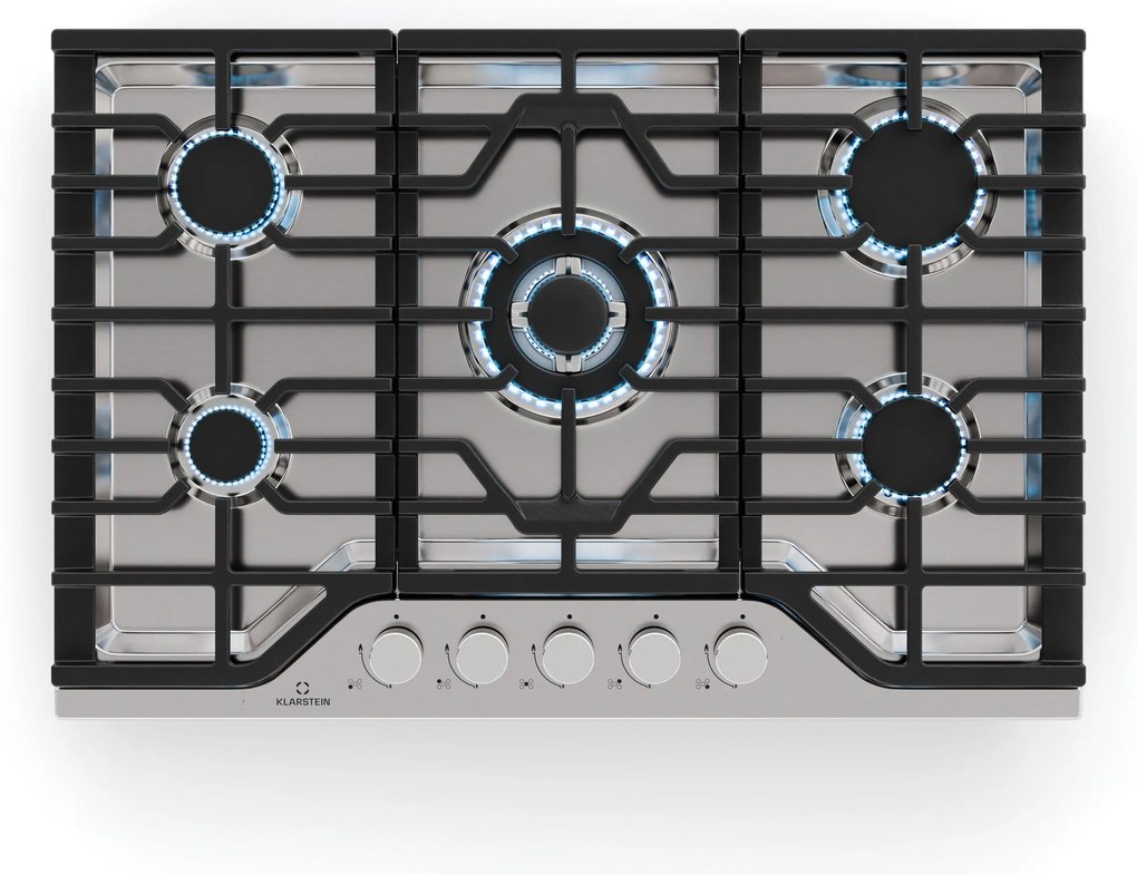Klarstein Plynová varná deska Turbocast, 304 nerezová ocel, 5 hořáků, profesionální litinový držák, hořák wok