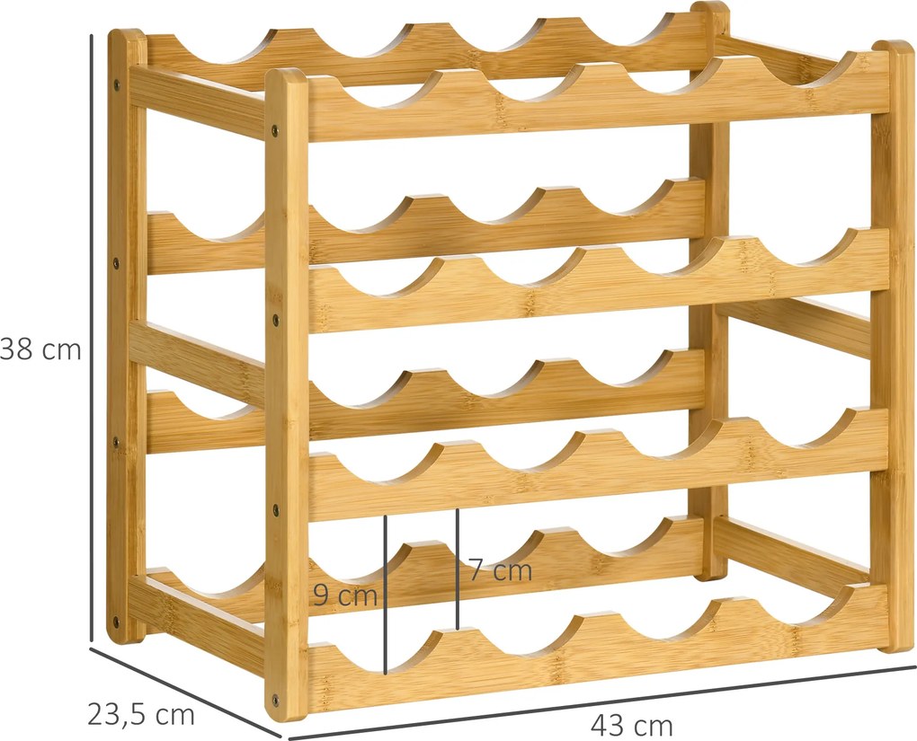 HOMCOM Bambusový stojan na víno na 16 lahví 43x23,5x38cm, stylový design z přírodního dřeva do kuchyně a obývacího pokoje | Aosom.de