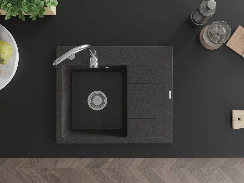 Mexen Ben, 1-komorový granitový dřez 600x500x190 mm, levý+ chromový sifon, černá skvrnitá, 6522605000-76
