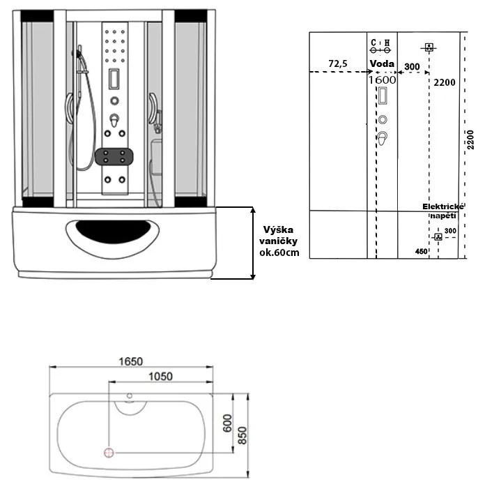 BPS-koupelny Hydromasážní box HYD-O99B 165x85 SA, se saunou v kombinaci s hydromasážní vanou